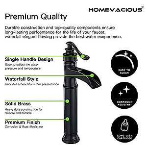 Vessel Sink Faucet Oil Rubbed Bronze Waterfall with Pop Up Drain Assembly Commercial Farmhouse Tall Body Mixer Tap Bowl Single Handle One Hole Without Overflow Supply Line Lead-Free