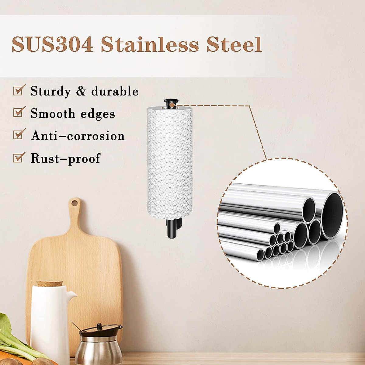 Paper Towel Holder Under Cabinet - Bjiotun Adhesive Paper Towel Holder Wall Mount, Stainless Steel 13.2 Inch Paper Towel Racks for Bathroom Kitchen Paper Towel Holder Countertop (2 Pack, Black)