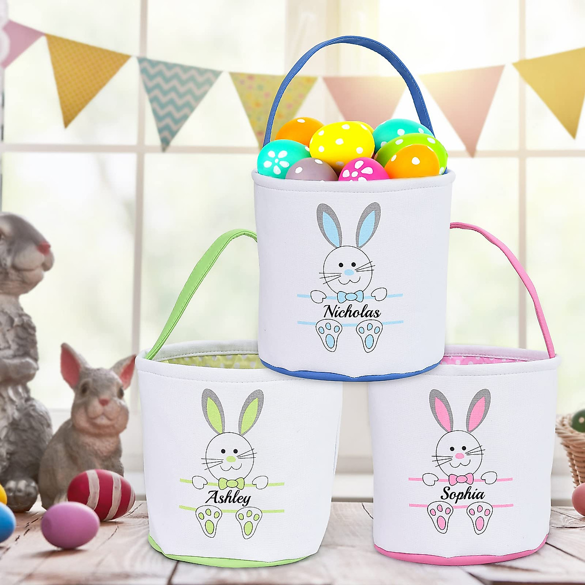 XJone Personalized Custom Easter Buny Baskets for Boys Girls with Name Customized Canvas Cotton Egg Tote Gift Bags