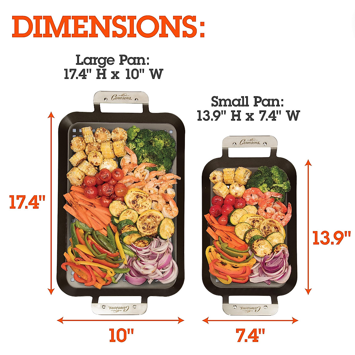 Camerons BBQ Grill Topper Grilling Pans (Set of 2 - Non-Stick Barbecue Trays w Stainless Steel Handles - Indoor Outdoor use for Barbecue & Smoked Meat, Vegetables & Seafood - Grill Accessory Gift Pack