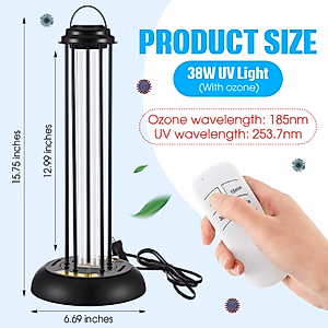 Qualirey UV Light Remote Control, UVC Germicidal Lamp Ultra Violet Light 3 Speed Timing 15/30/60 Minutes UVC Lamp for Home Hotel(38w with Ozone)