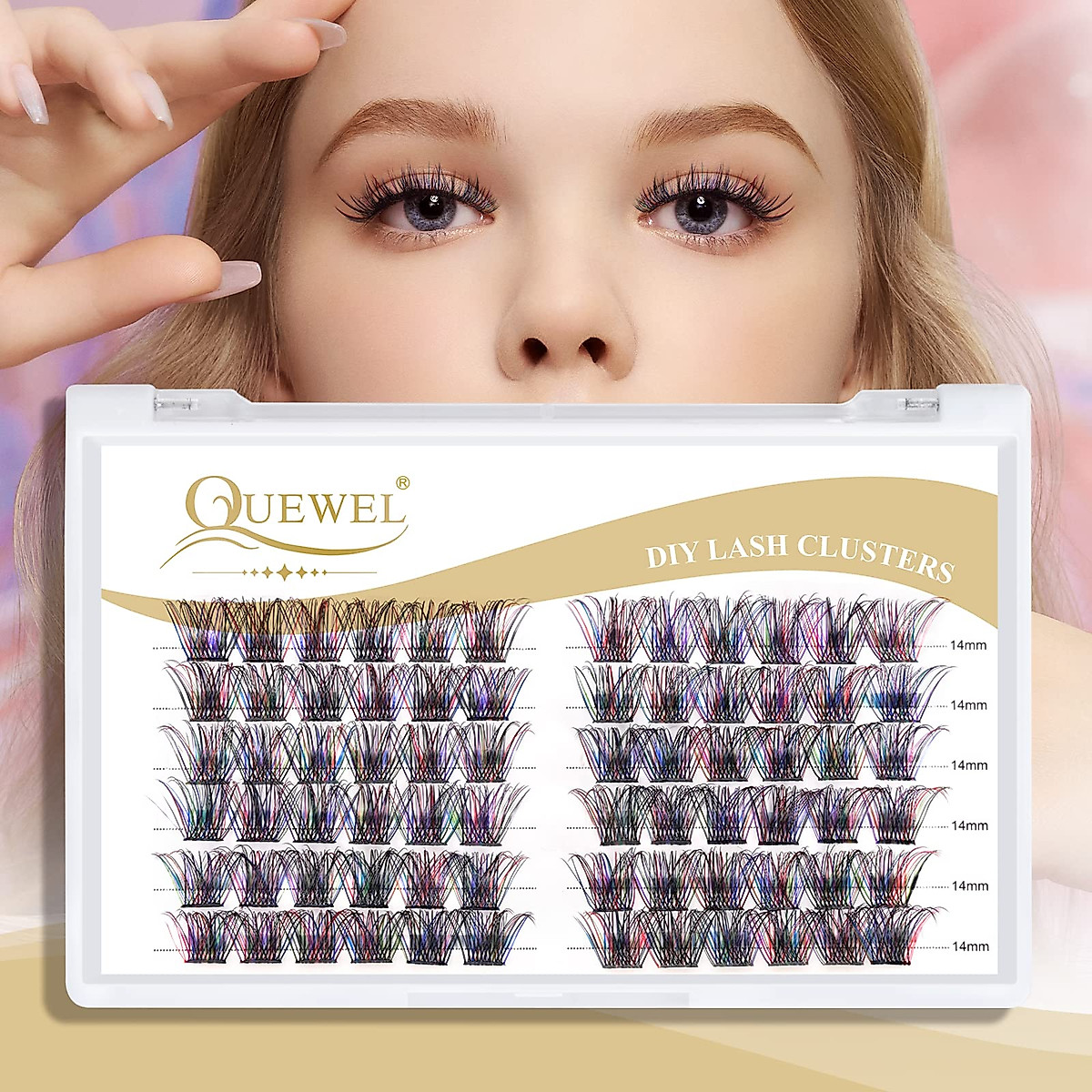 QUEWEL Cluster Lashes 72 Pcs Wide Stem Colored Eyelash Clusters Mixed Colors Lashes Clusters+ C/D Curl 8-16mm Length DIY Eyelash Extension False Eyelashes Natural&Mega Styles