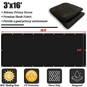 Vocray 3' x 16' Black Balcony Privacy Screen Fence Cover UV Resistant Protection Heavy Duty for Deck, Patio, Backyard, Railing Shield, Cable Ties Included, 90%