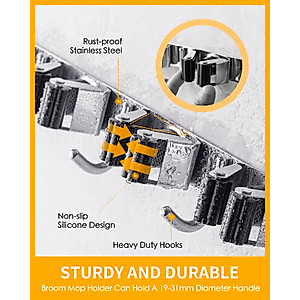 2 Pack Broom Holder Wall Mount with 13" Heavy-duty Storage Strap Bundle - 5 Racks and 4 Hooks Broom Hanger Wall Mount, Mop and Broom Holder Wall Mount, Self Adhesive, Heavy Duty, Stainless Steel