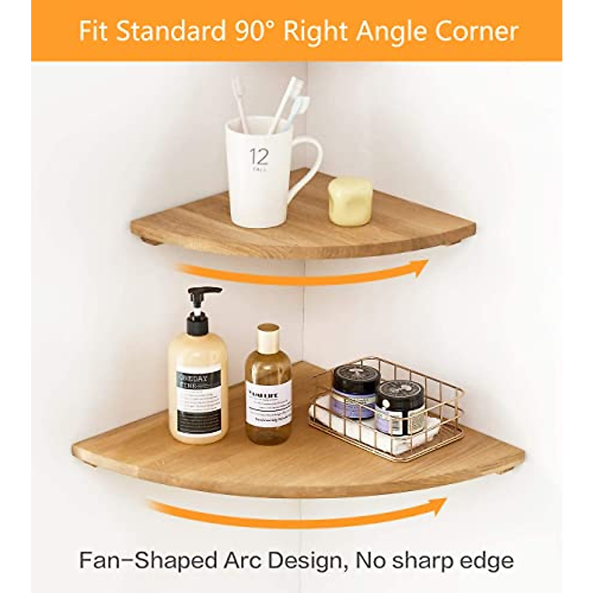 BEUGAWHOO Corner Shelf Wall Mount 12inch Oak Wood Floating Wall Shelf Round End Small Corner Nightstand Plant Stand Wall Mount for Kitchen, Living Room, Bedroom