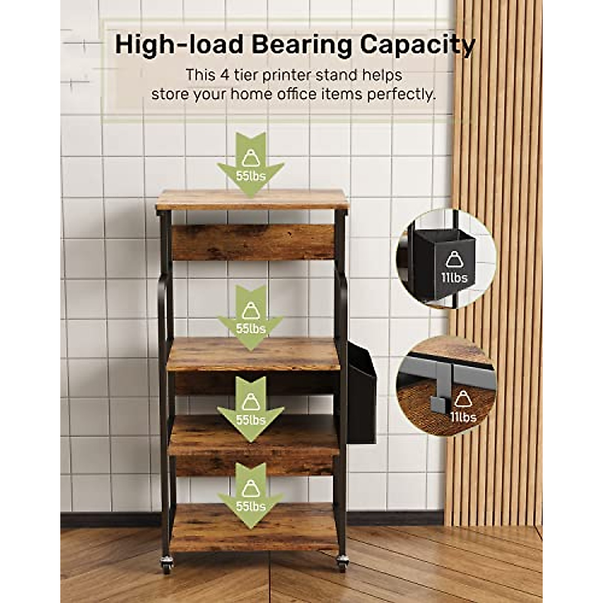 Gizoon Home Office Printer Stand with Storage, 4 Tier Large Tall Printer Shelf Cart W/ Lockabel Rolling Wheels, Versatile - Retro