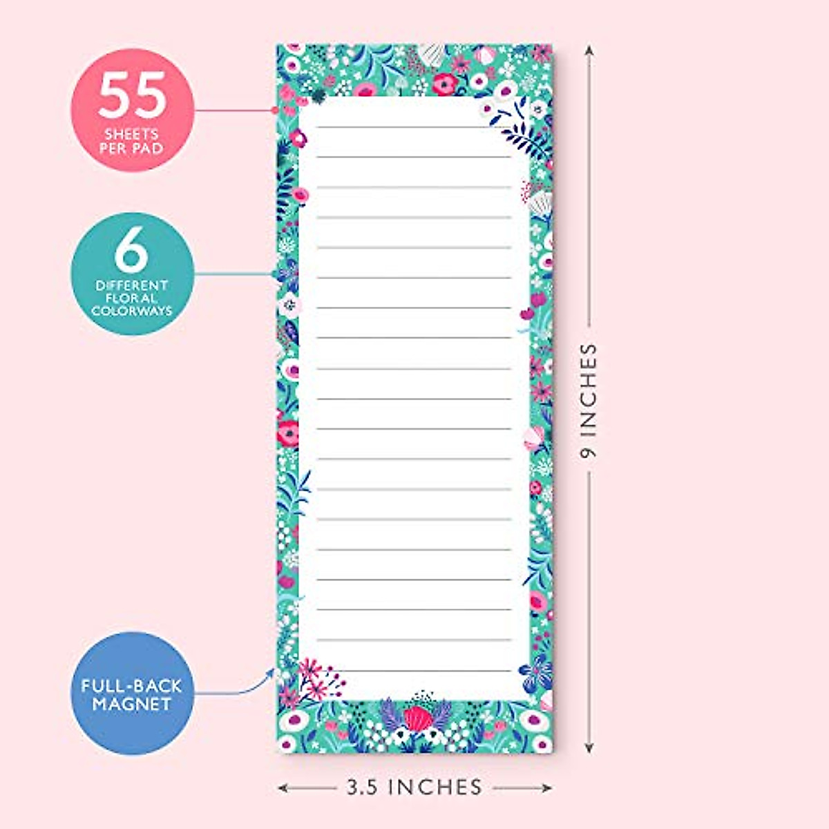 SWEETZER & ORANGE 6-Pack Magnetic Grocery List for Fridge (Floral Theme) - 3.5” x 9” Memo Notepad for Shopping, Locker, Filing Cabinet, To Do, Appointment Reminders, Meal Plans | 55 Sheets Per Pad