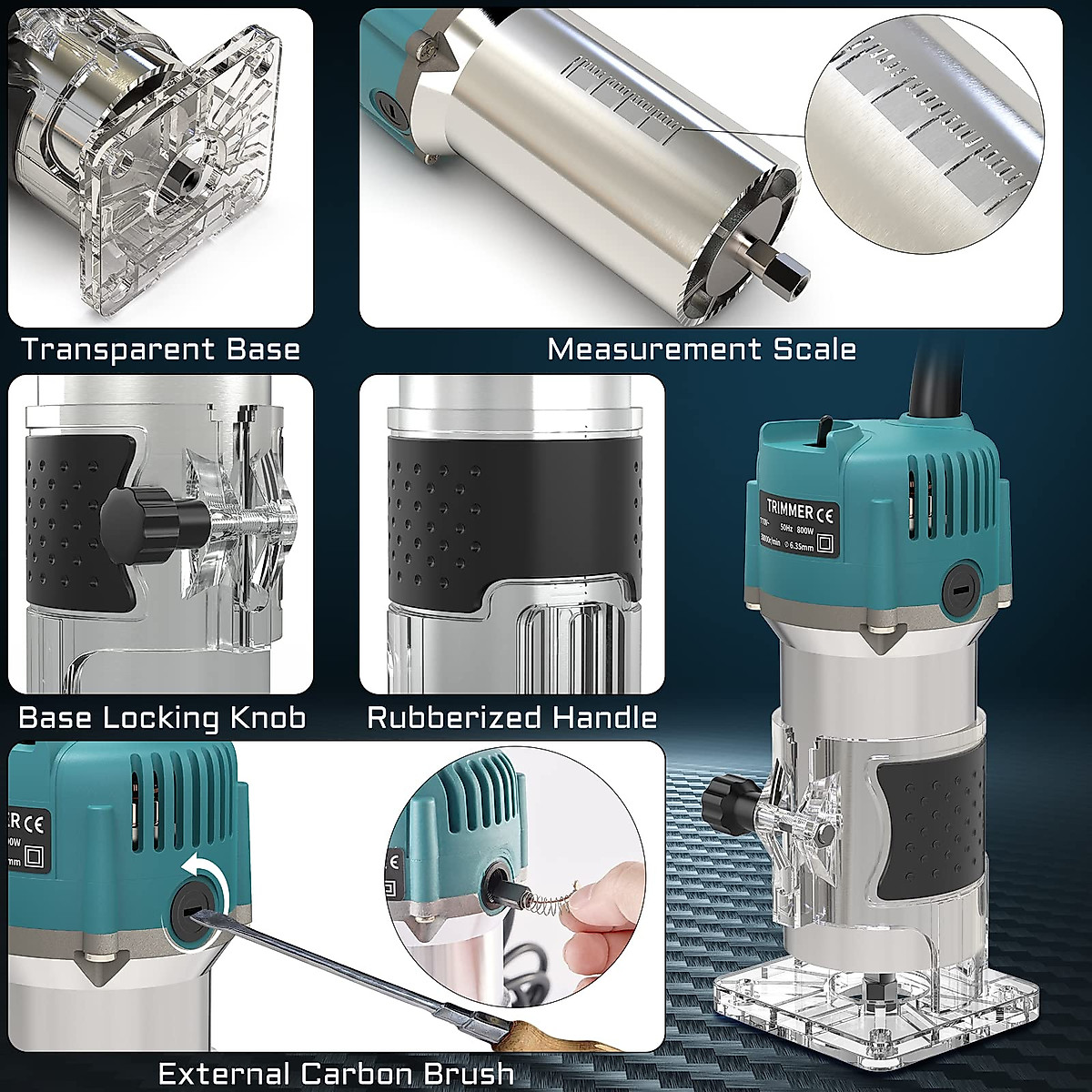 TwoWin Router Tool, 110V 800W Compact Wood Router Tool for Woodworking, Electric Hand Trimmer 1/4" Collets Palm Wood Router Tools Laminate Trimmer + Tungsten Carbide Router Bits 15-Piece Set