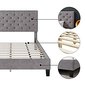 HOSTACK Full Size Bed Frame, Modern Upholstered Platform with Adjustable Headboard, Heavy Duty Button Tufted Frame Wood Slat Support, Easy Assembly, No Box Spring Needed (Grey, Full)