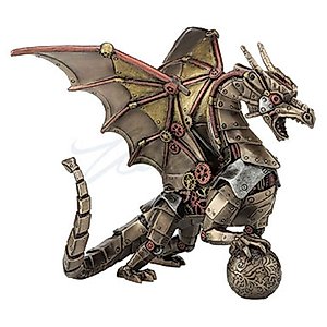 Steampunk Mechanical Gear Dragon Sitting Holding Sphere Statue Sculpture Bronze