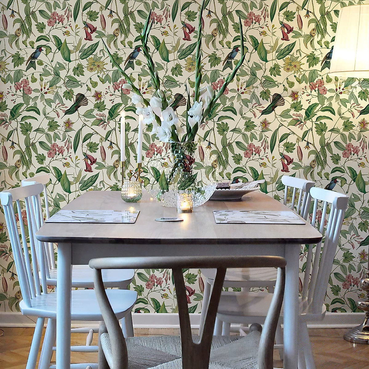 JiffDiff Peel and Stick Wallpaper Floral, Hummingbird Green Wallpaper Self Adhesive Wallpaper for Home Bedroom Cabinets and Kitchen Countertop 17.71"x118" Thicken