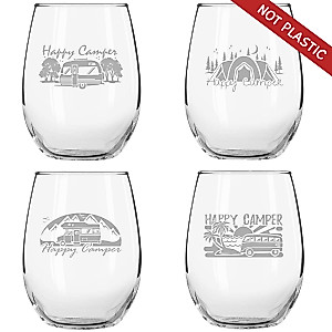 DU VINO Set of 4 Happy Camper Wine Glasses (15 oz) | Travel | Funny & Humorous RV Camp Gifts for Women | Glamping Accessories | Stemless Wine Glasses Made in USA