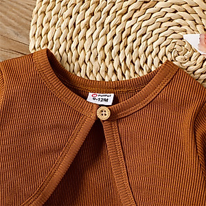 PATPAT Baby Girl Knit Spliced Floral Mesh Brown Dress and Long-Sleeve Cardigan with Headband 3pcs Set 3-6 Months