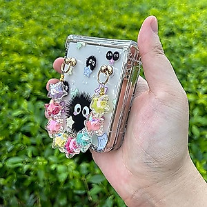 NXBNK for Galaxy Z Flip 5 Case, Soot Sprite Floral Hard Clear Phone Case for Samsung Galaxy Z Flip 5 2023 Plus a free phone chain, Cartoon Flip Case for Girls Women - Soot Sprite