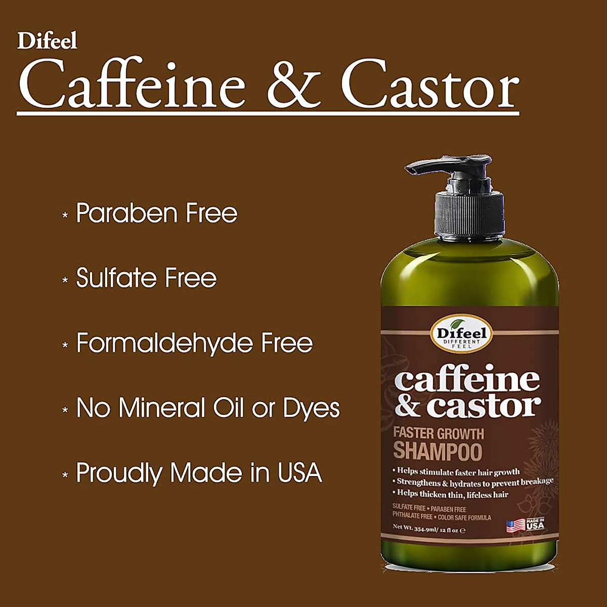 Difeel Caffeine & Castor Faster Growth Shampoo 12 oz., Made with Castor Oil for Hair Growth, Sulfate Free Shampoo