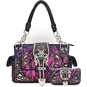 Camouflage Crown Buckle Western Style Purse Floral Shine Glow Country Handbag Women Shoulder Bag Crossbody Wallet Set (Purple)