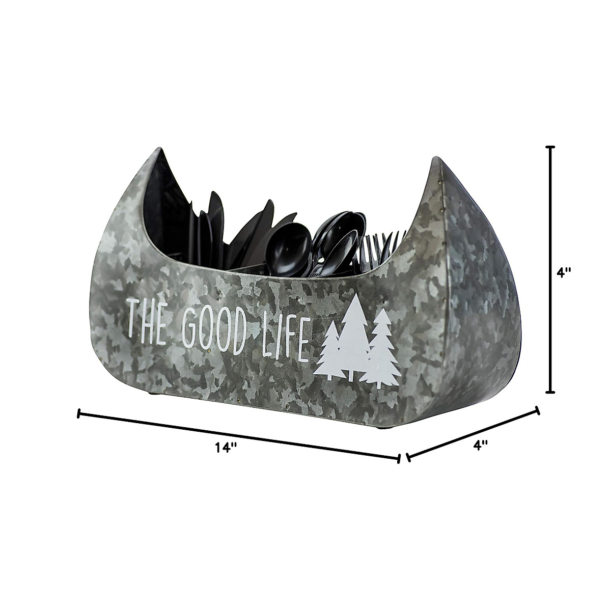 Boston Warehouse 55169 Canoe Shaped Galvanized Metal Flatware Caddy, 14 Inch, The Good Life