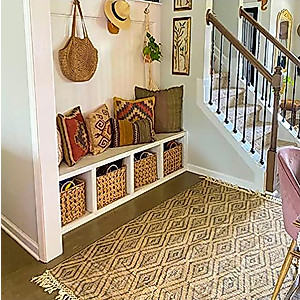 Mandala Life ART 4' x 6' Recycled Vintage Jute Area Rug with Hand Embroidery & Fringes - Boho Chic Décor Carpet - Decorative Accent Piece for You Living Room, Bedroom, Patio or Kids Room