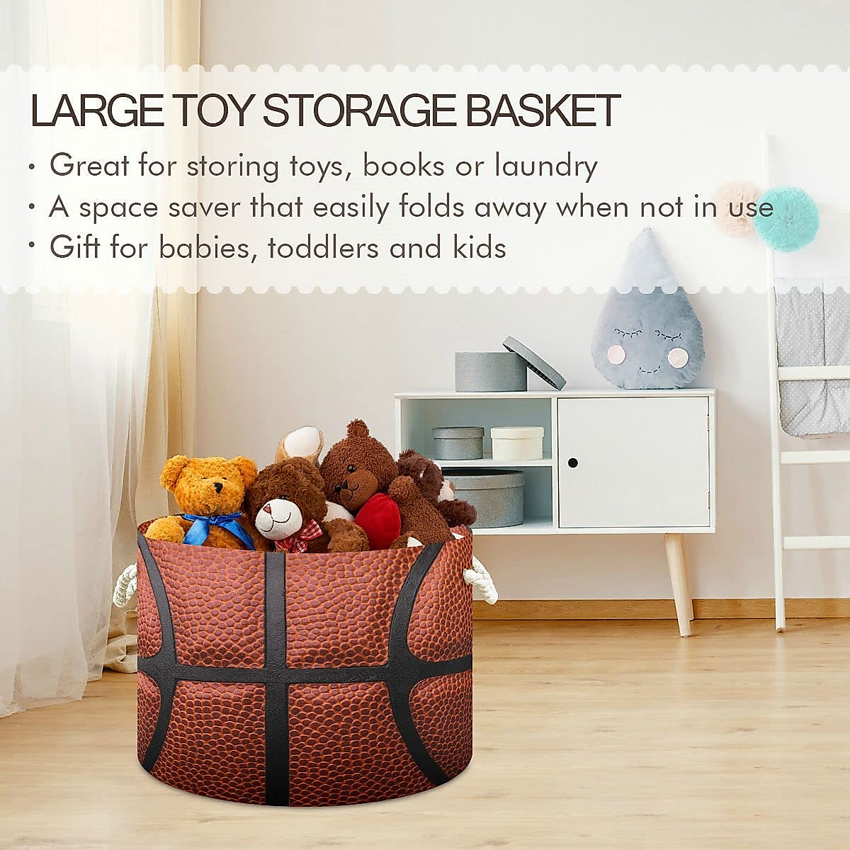 ALAZA Basketball Ball Texture Liner Storage Box Toy Basket Laundry Storage Organizer Bins with Handles Large Baskets for Living Room Nursery Decor