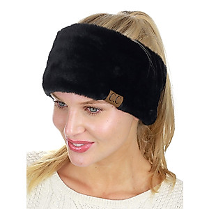 C.C Women's Soft Faux Fur Feel Sherpa Lined Ear Warmer Headband Headwrap, Black
