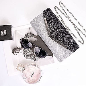 Larcenciel Clutch Purses for Women, Shiny Sequin Envelope Clutch Evening Bag w/Chain, Fashion Shoulder Crossbody Handbags Party Prom Purse Bride Wedding Guest Clutch Dress Carry on Bag (Sliver Black)