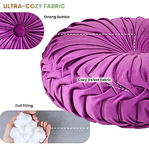 Sioloc Round Throw Pillow Velvet Home Decoration Pleated Cushion for Couch Chair Bed Car(Purple,15.7Inch)