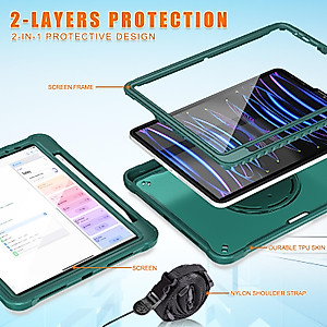 SLLMYYX Case for iPad Pro 11 inch 2022/2021/2020/iPad Air 5th/4th, 360 Rotating Hand Grip Kickstand Heavy Duty Protective Cover with Shoulder Strap (Midnight Green)