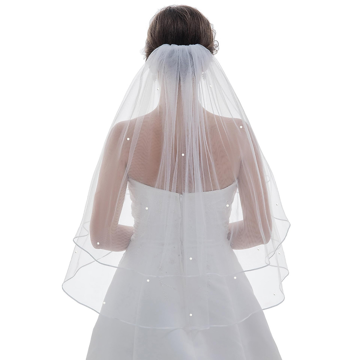 2T 2 Tier 1/8" Ribbon Crystal Circular Veil - Light Ivory Fingertip Length 36" V511