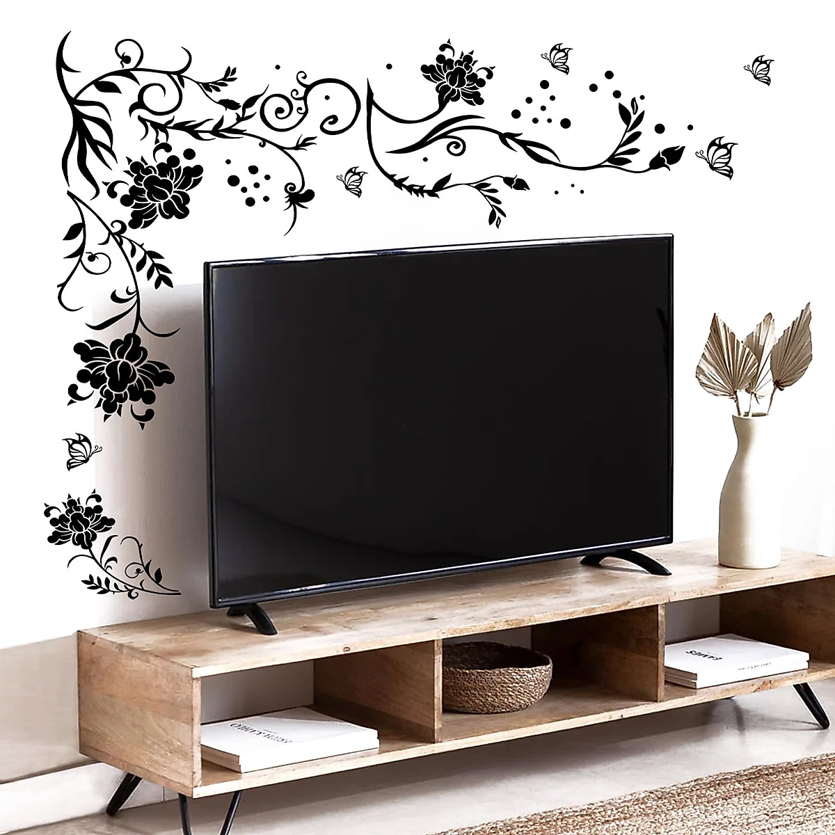 Supzone Flowers Vine Wall Decals Black Flower Wall Stickers Butterfly Floral Wall Decor Removable Vinyl DIY Home Wall Art Stickers for Bedroom Living Room Sofa Backdrop TV Wall Decoration