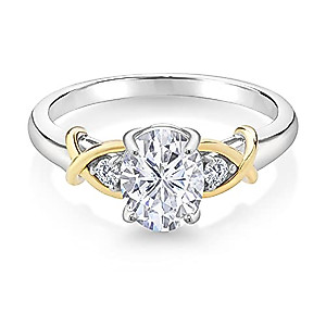 Gem Stone King 925 Sterling Silver and 10K Yellow Gold White Moissanite 3-Stone Engagement Ring | 1.58 Cttw | Oval 8X6MM | 3 Stone Wedding Anniversary Promise Ring For Women (Size 6)