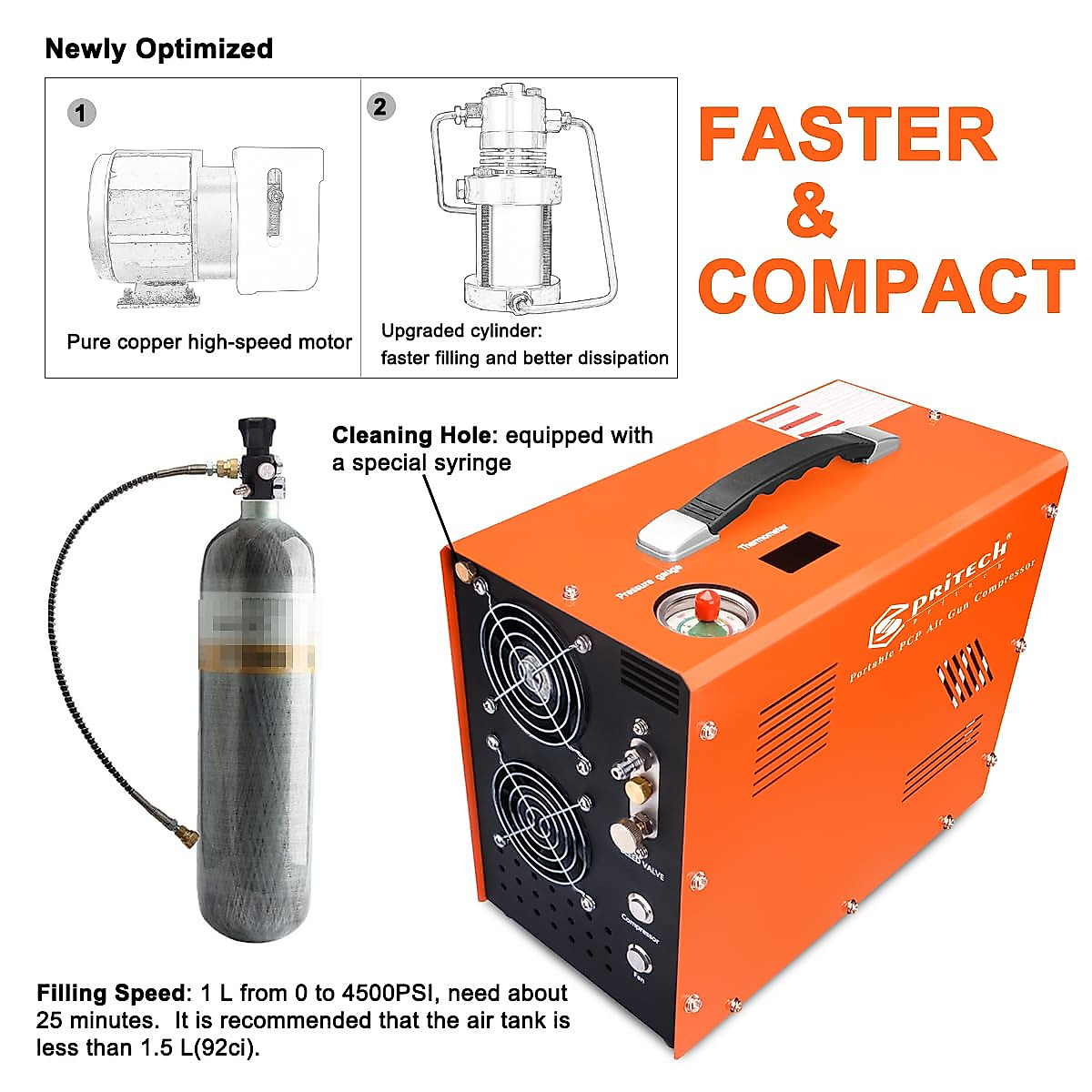 Spritech VE3 PCP Air Compressor,Auto-Stop 4500Psi/30Mpa Oil/Water-Free Air Gun and Paintball Tank Pump with Water/Oil Separator,Built-in Power Adapter(110V AC or 12V Car Battery)