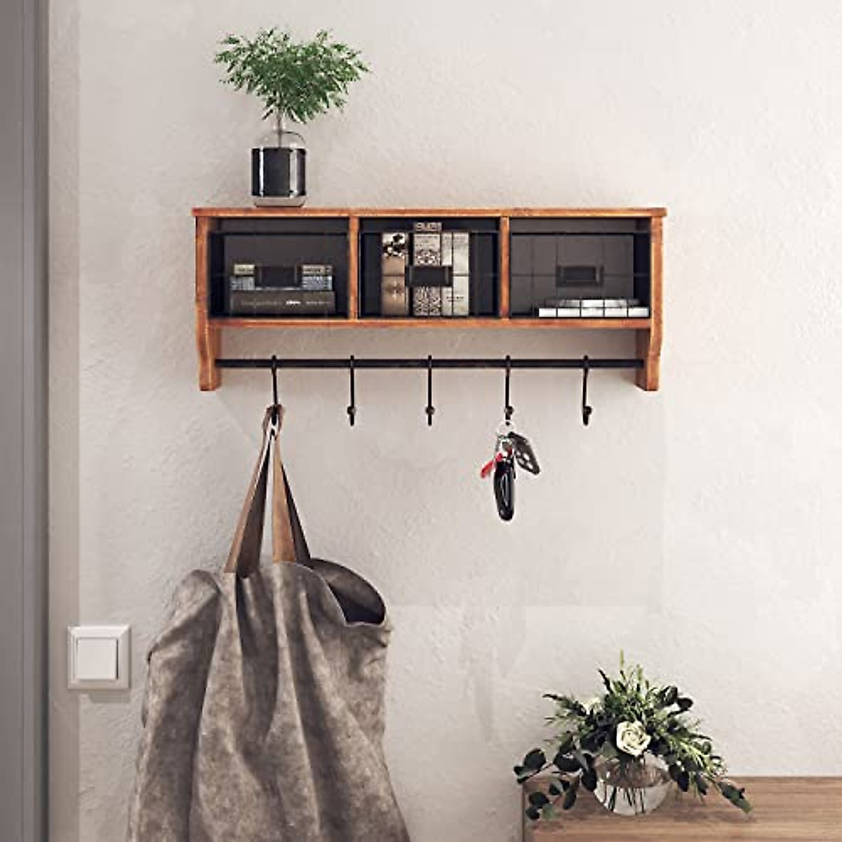 HBCY Creations Wall Mounted Shelf with Coat Hooks and Baskets, Solid Wood Entryway Organizer Wall Shelf with Hooks - Hang Coats, Keys or Coffee Mugs, Rustic Brown 24" Wide