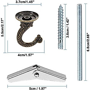 QMseller 2 Sets 55mm/2.17" Ceiling Metal Ceiling Hooks, Heavy Duty Swag Ceiling Hooks with Hardware for Hanging Plants/Chandeliers/Wind Chimes/Ornament ( Bronze Color)