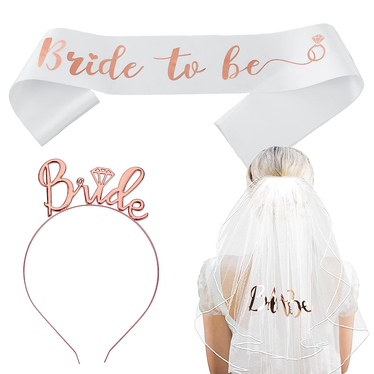 3Pcs Bachelorette Night Set: Bride Sash, Veil, and Tiara for Bridal Celebration