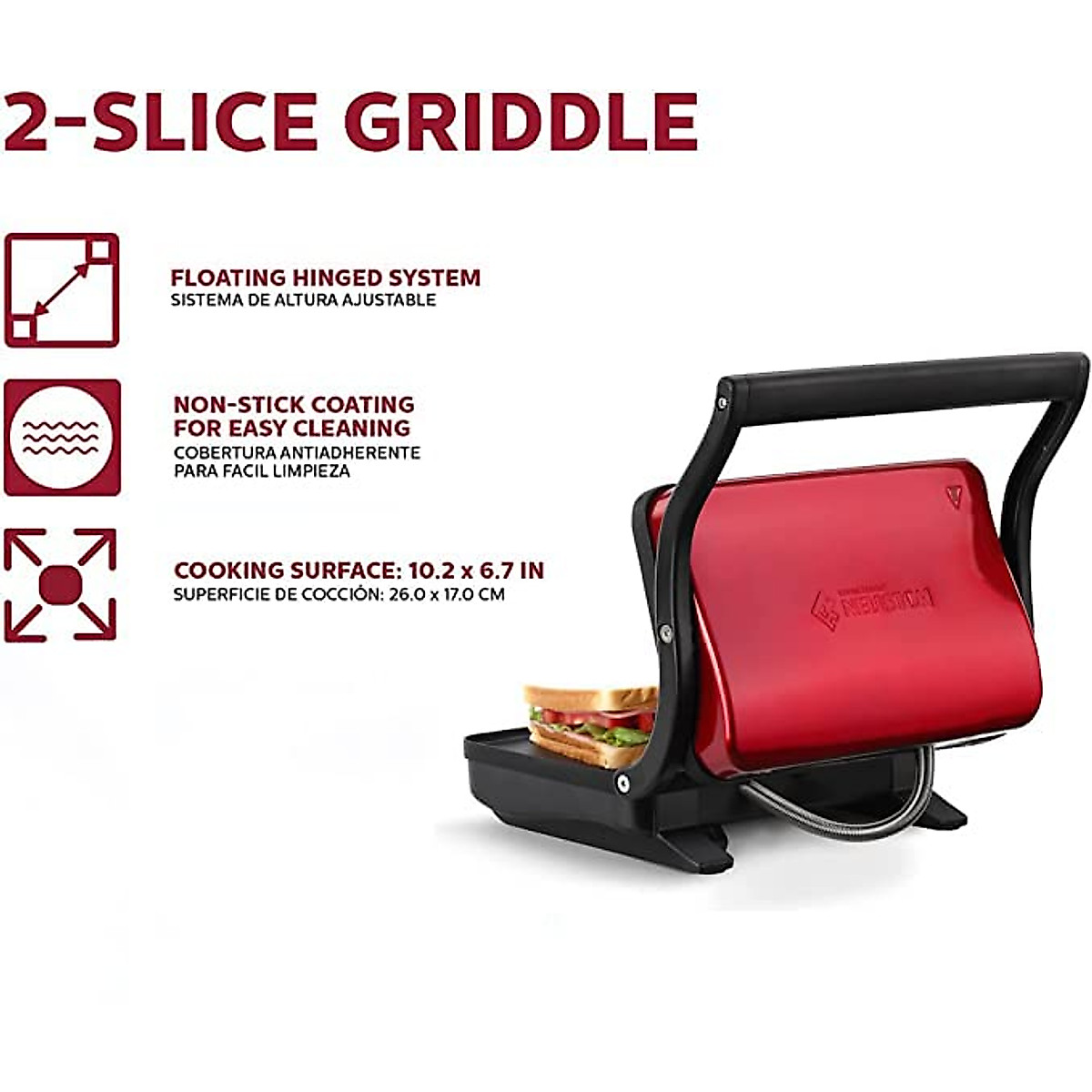 Holstein Housewares Electric Griddle for Toasting Sandwiches, Various Snacks - Metallic Red