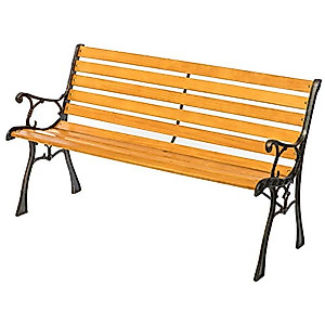 Gardenised Wooden Outdoor Park Patio Garden Yard Bench with Designed Steel Armrest and Legs, Black