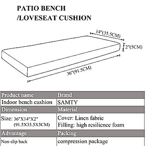 Piano Bench Cushions Memory Foam Chair Pads Non-Slip Bottom Indoor Shoe Storage Settee Seat Cushion for Patio Picnic Table 36 x 14 inch, Grey