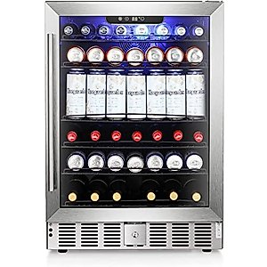Antarctic Star 5.1 Cu.Ft Beverage Refrigerator- Wine Cooler Low Noise Transparent Glass Door LED Light Stainless Steel Efficient Cooling System with a Lock 115V 60Hz for Home and Bar 24inch, Silver