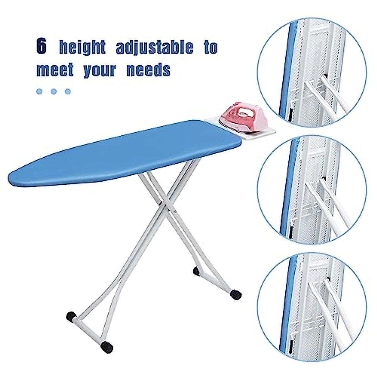 ALIMORDEN Space Saver Ironing Board 43" X 13" with Smart Hanger Adjustable Height 28"-35" Easy Storage, Heat Resistant Silicone Tray, Padded Top Blue