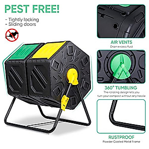 Compost Bin Tumbling Composter Rotating w/ 2 Sliding Doors Compost Bin, Dual Chamber All Season Heavy Duty Outdoor Gardening Composting Tumblers Garden Yard (37 Gallon, Black)