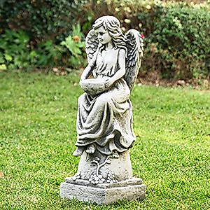 Glitzhome GH50526 Angel with a Bird Bath Garden Decor Statue, 31 Inch, Antique Beige