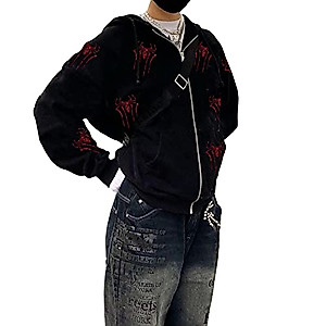 Lnzyyephy Men Womens Skeleton Zip Up Hoodie Y2k Oversized Rhinestone Skull Hooded Graphic Sweatshirt Fall Thin Aesthetic Jackets (A-Black Red Spider, S)