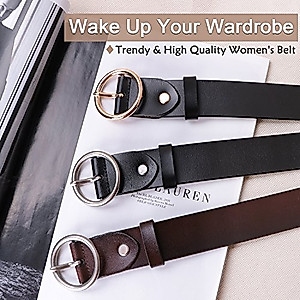 SUOSDEY Fashion Belts for Women Black Leather Belt for Jeans Dress Pants with Round Silver Buckle…