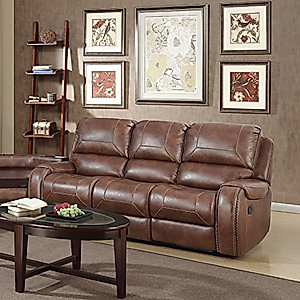 Roundhill Furniture Achern Leather Air Nail head Manual Reclining Sofa with Storage Console, Brown