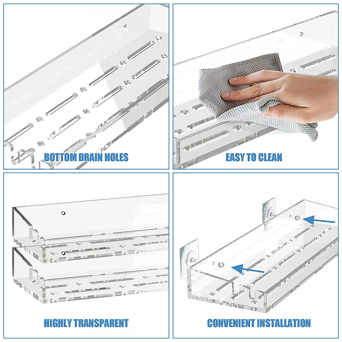 NiHome Clear Acrylic Shower Shelves 2-Pack, Stick On Shower Shelf with Hooks & Mounting Accessories, Clear Shower Caddy, Self Adhesive Shower Shelves for Bathroom, Kitchen, Bedroom - Superior Drainage