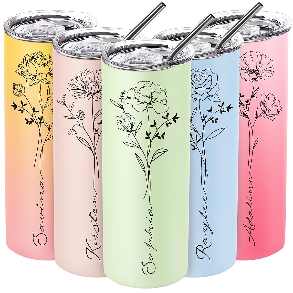 Personalized Tumblers with Names, Custom Coffee Tumbler with Birth Flower - 15 Colors 20 oz Skinny Tumblers Cups with Straw, Personalized Birthday Gifts for Women Mom…