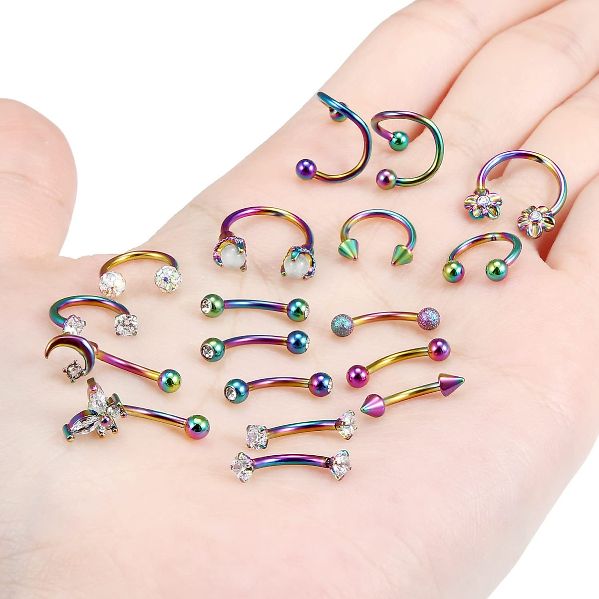 Dyknasz 18Pcs 16G Dragon Claw Horseshoe Daith Earrings for Women Men Rook Helix Piercing Jewelry Stainless Steel Curved Barbell Eyebrow Rings Flower Butterfly Moon CZ Style Rainbow
