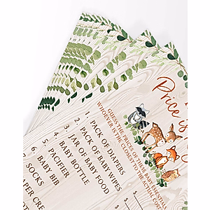 Printed Party Baby Shower Games – The Price is Right Game for Boy or Girl, Woodland Forest Animals Theme, 50 Cards