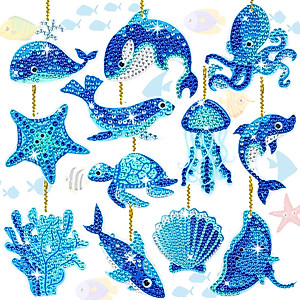 Whaline 12Pcs Summer Diamond Drawing Keychain Kit Ocean Fish Theme DIY Diamond Drawing Pendant Under The Sea Rhinestone Mosaic Making Full Drill Diamond Keychain for Crafts Gift