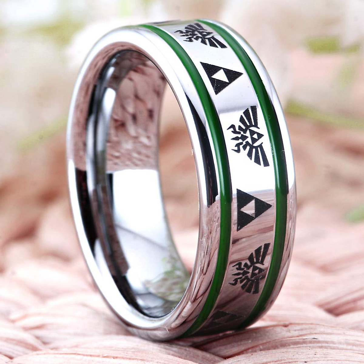 CLOUD DANCER The Legend of Zelda Ring- Crest and Triforce Ring Silver Tone Pipe with Two Blue/Red/Green Thin Lines Tungsten Carbide Wedding Bands Ring - Free Custom Engraving (Green Lines, 8.5)